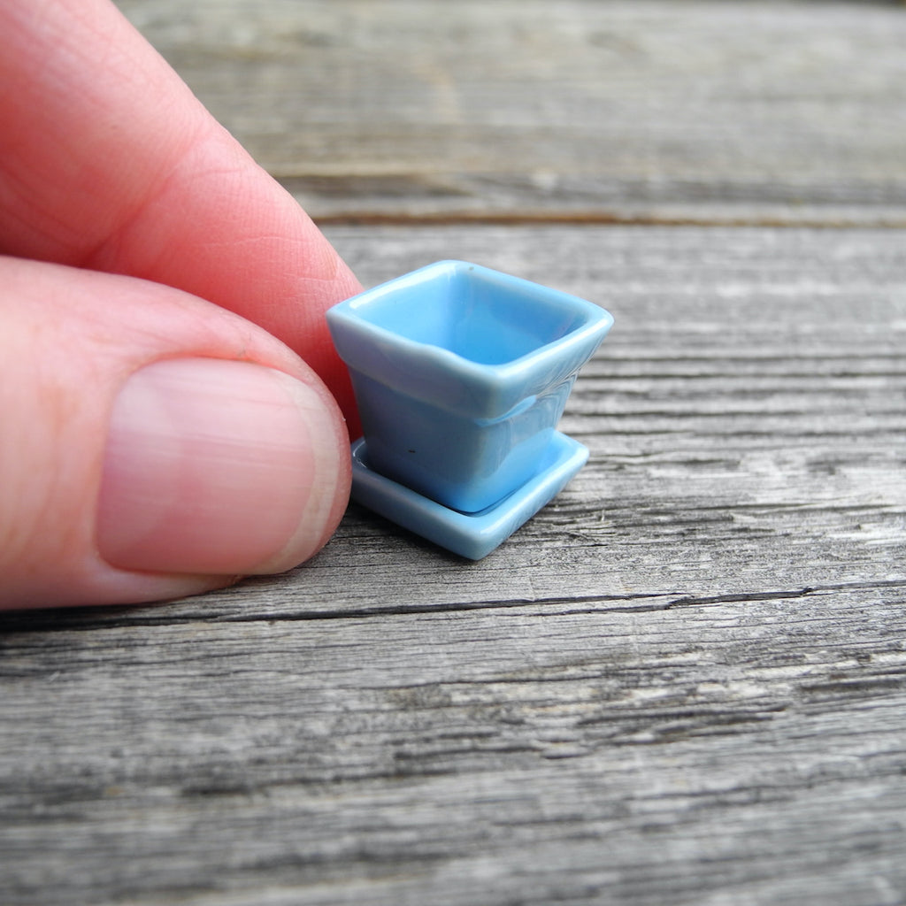 Miniature Garden Blue Ceramic Pot & Saucer Set, CUTE! for Dollhouse ...